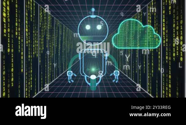 Robot and cloud computing animation over digital data tunnel background ...