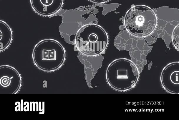 Icons representing various business concepts over world map animation ...