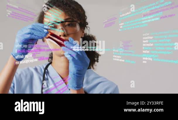 Holding Test Tube Scientist Analyzing Data With Code Animation Overlaid Science Research