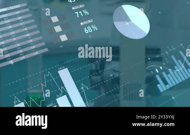 Animating financial data charts and graphs over office background. Finance, animation, business ...