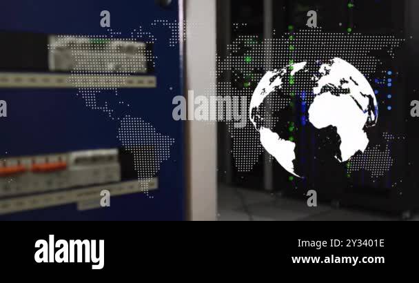World map animation over server racks in data center. Technology ...