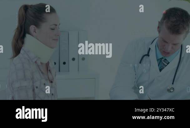 Consulting patient with neck brace, doctor with binary code and data ...