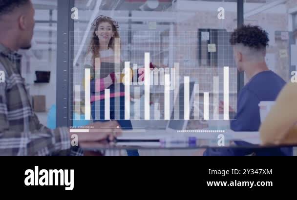 Bar chart animation over diverse business team discussing in modern ...