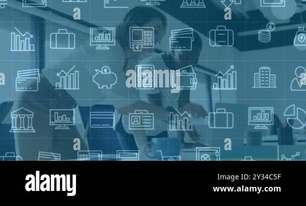 Business Icons And Data Analytics Animation Over Diverse Professionals