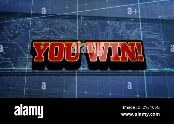 Winning text animation over blue circuit board background. Technology ...
