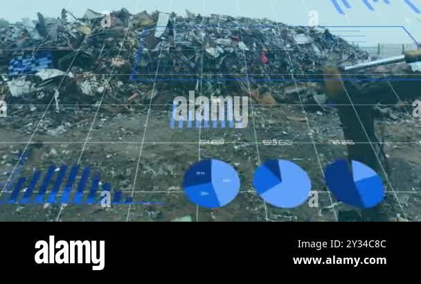 Data visualization animation over landfill, showing various charts and ...
