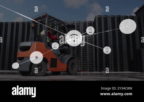 Network connectivity icons animation over forklift operating in ...