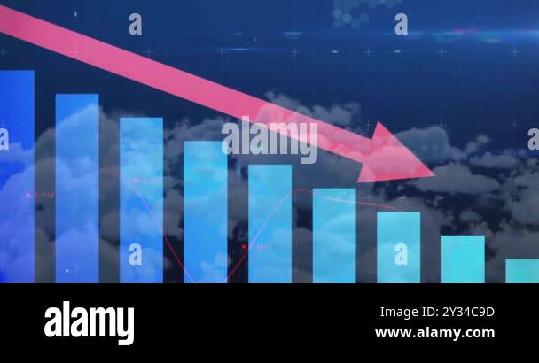 Declining bar chart with downward arrow animation over cloudy sky ...