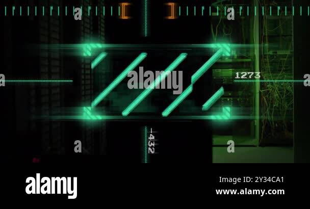 Green futuristic loading bar animation over server room background. Technology, digital ...