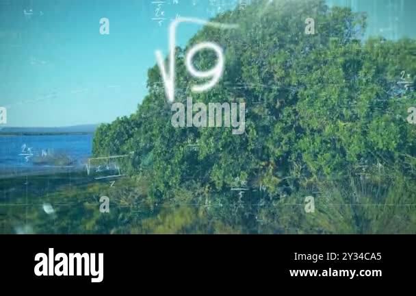 Mathematical equations and scientific symbols animation over lush green landscape with water ...