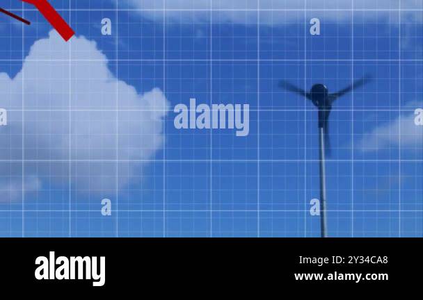 Red declining graph animation over wind turbine against blue sky with ...