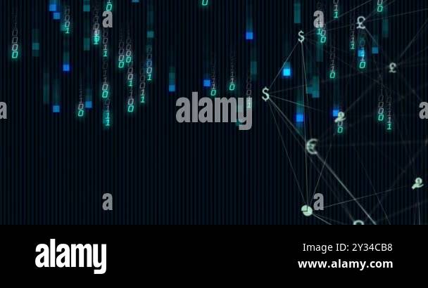 Binary code and financial symbols animation over dark background with ...