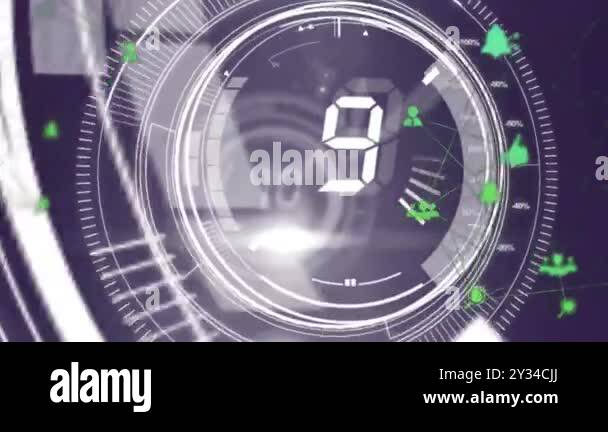 Rotating circles and green icons in digital countdown animation over dark background. technology ...