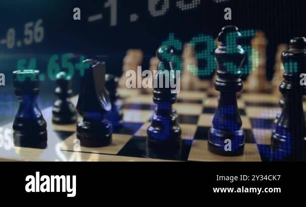 Chess pieces on board with financial data animation over background ...