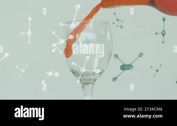 Pouring wine into glass with molecular structure animation over it ...