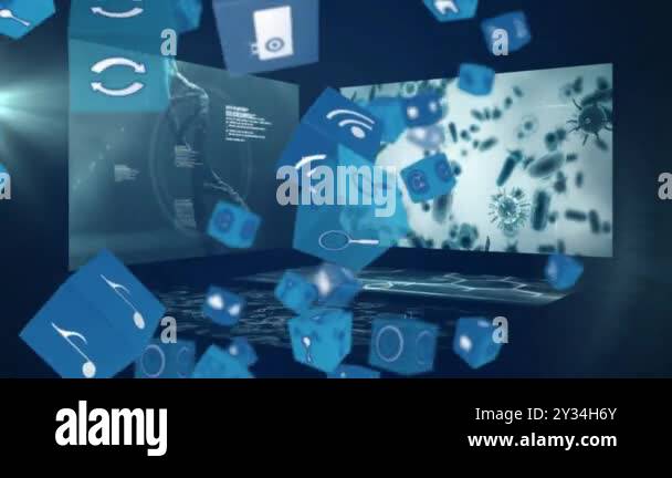 Animating blue social media icons over scientific research screens in ...