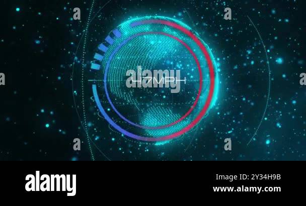 Animation of speedometer over globe and light spots on black background. Global technology ...