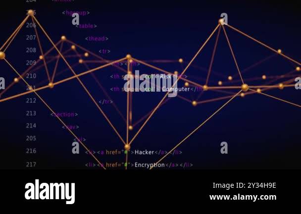 Html Code And Network Connections Animation Over Dark Blue Background Technology Coding