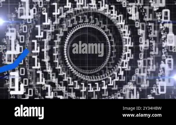 Spiraling binary code and blue graph animation over grid background. Technology, data ...