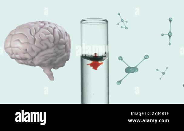 Brain with molecular structures animation, test tube in laboratory ...