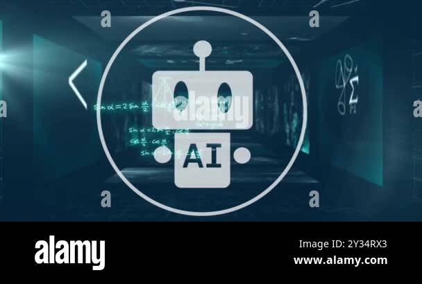 AI robot icon and mathematical equations animation over dark futuristic ...