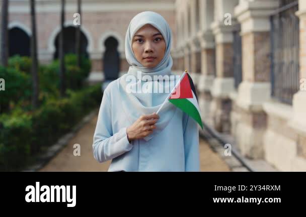 Strong Patriot Lady Wearing Hijab Standing, Holding Palestinian Flag. Muslim Woman Supporting ...