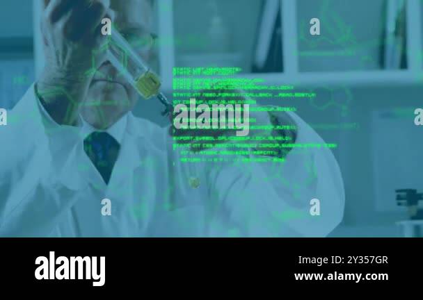 Scientist conducting experiment with test tubes, chemical formulas ...
