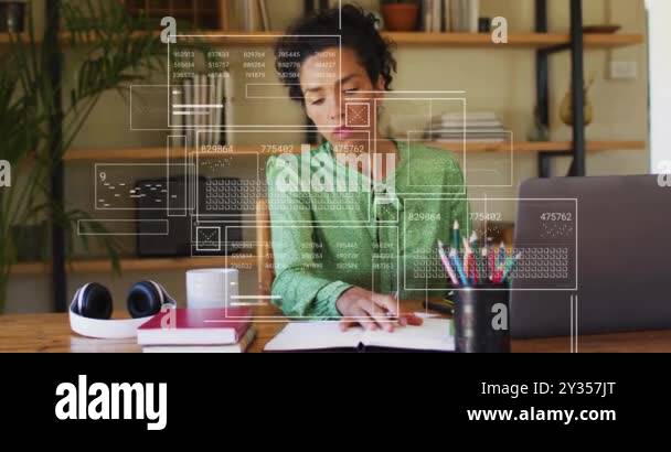 Analyzing data and writing, woman in office with digital interface ...