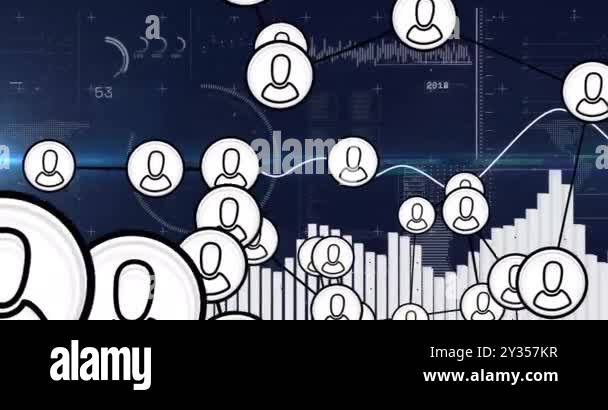 User icons connected by lines, data visualization animation over bar ...