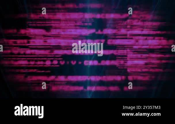 Pink code lines animation over dark background with blue light effects. Technology, coding ...