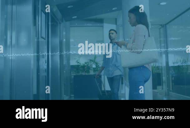 Data processing animation over people waiting for elevator in office ...
