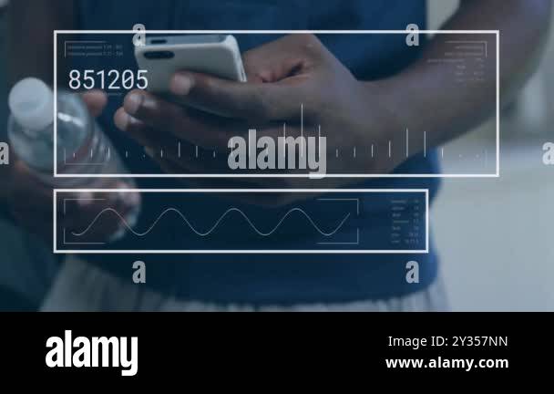 Holding smartphone and water bottle, person with data processing ...