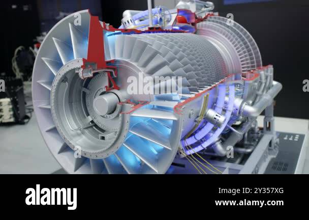 An intricate cutaway view of a jet engine effectively highlights its complex components and ...
