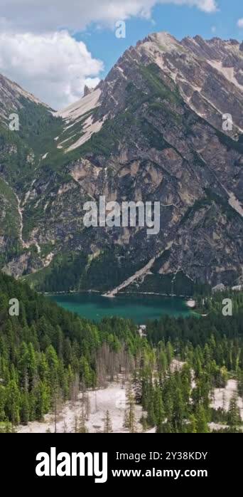 Air view Lago di Braies aerial Italy. Beautiful nature landscape of the Dolomite Alps, mountain ...
