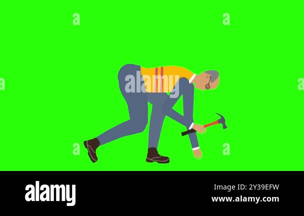 Cartoon animation of builder man character working with hammer on green ...