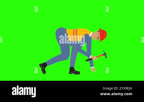 Cartoon animation of builder man character working with hammer on green ...