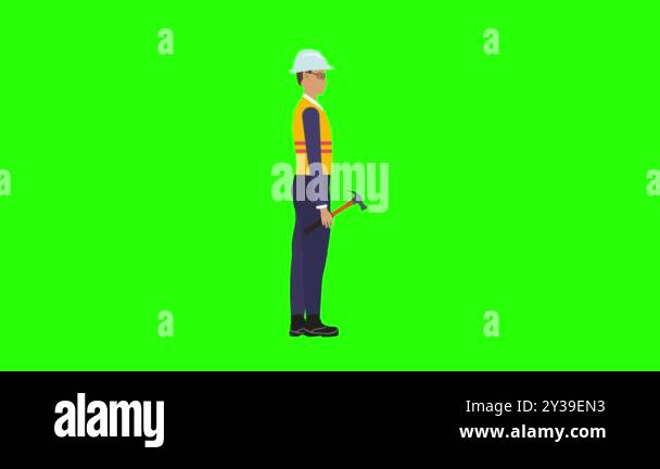 Cartoon animation of builder man character working with hammer on green ...
