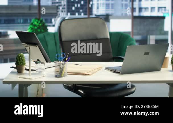 Modern work environment in a urban corporation downtown building, high ...