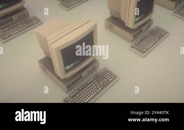 Retro personal computer or PC with keyboard in dynamic motion. Abstract ...
