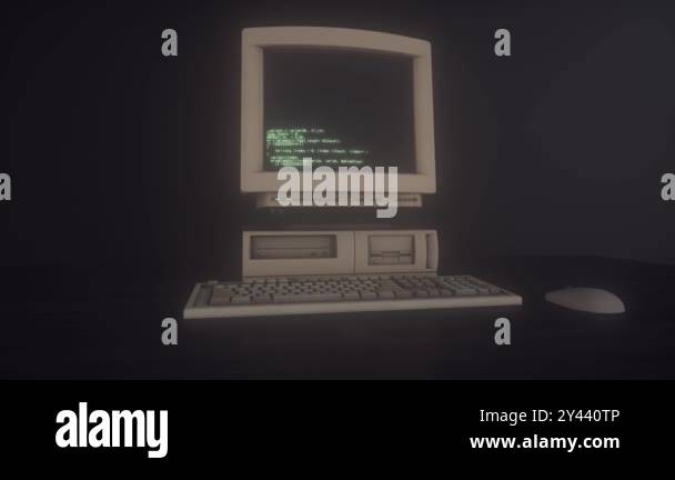 Retro personal computer or PC with source code running on screen ...