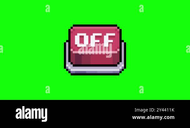 Red power off button in pixel art and 8-bit style on green background ...