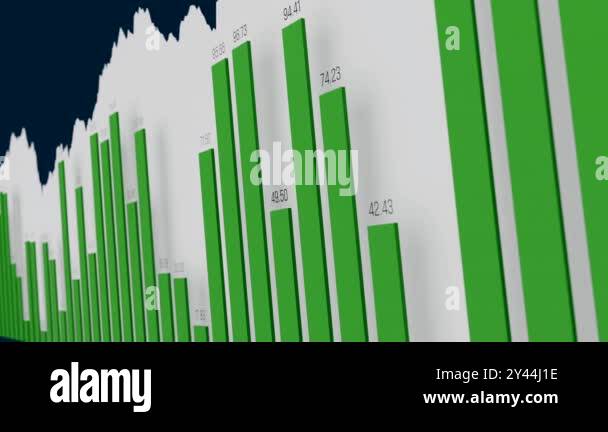 Abstract green bar graph with financial figures. White chart and ...
