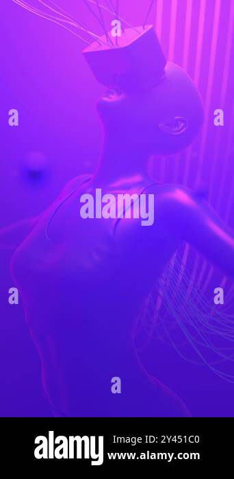 Woman in VR glasses float in neon space with cables attached to her ...