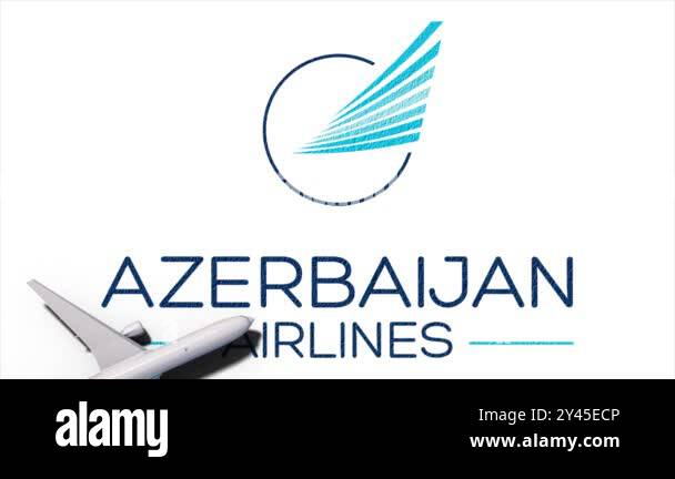 New York, USA - 9 May 2024: Azerbaijan Airlines company logo with plane ...