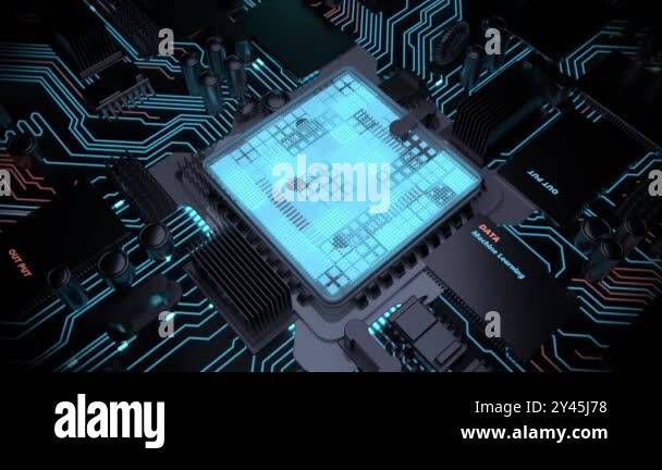 Close-up of a microchip on a circuit board. It shows a complex network ...