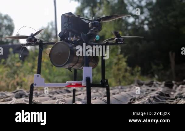 Drone with a warhead for military purposes. Close-up of a drone ...