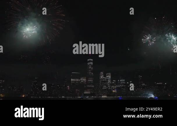 New York City Skyline Manhattan with Flashing Fireworks. New York Manhattan fireworks. New York ...