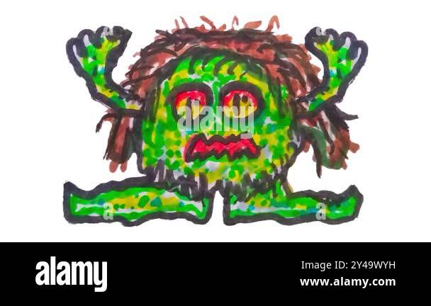 Little green monster with hands up hand drawn loop 2d style seamless ...