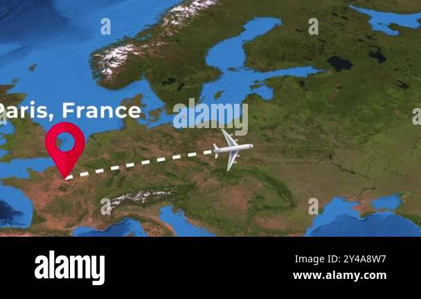 International flight travel route from Paris to Beijing on worlds map ...