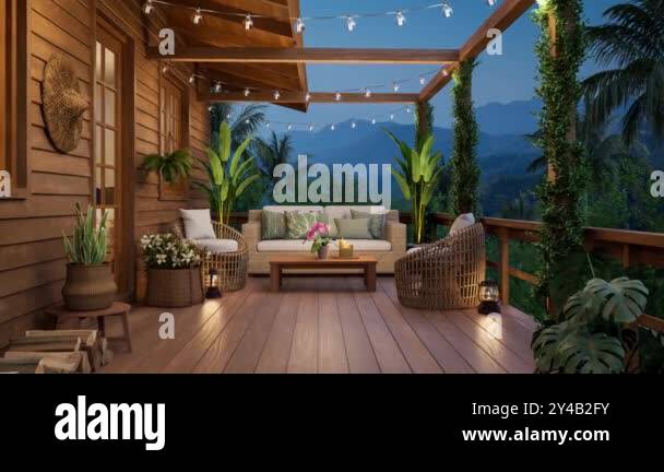 Relaxing night scene balcony of a wooden house with mountain 3d ...